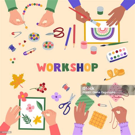 어린이를 위한 창작 워크숍 아이들이 손으로 만든 공예품을 만드는 테이블의 평면도 식물 표본 상자 구슬 장식 바느질 그림 Diy에 대한 스톡 벡터 아트 및 기타 이미지