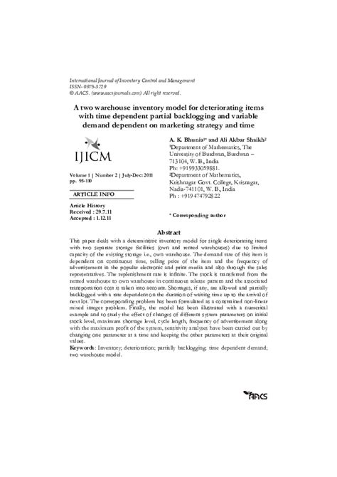 Pdf Two Warehouse Inventory Model For Deteriorating Items With Price Sensitive Demand And