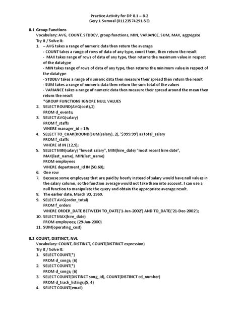Analysis Of Sql Functions And Aggregate Functions Practice Activity