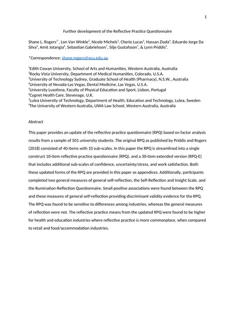 Pdf Further Development Of The Reflective Practice Questionnaire