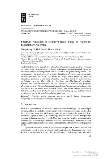 Pdf Spectrum Allocation Of Cognitive Radio Based On Autonomy Evolutionary Algorithm