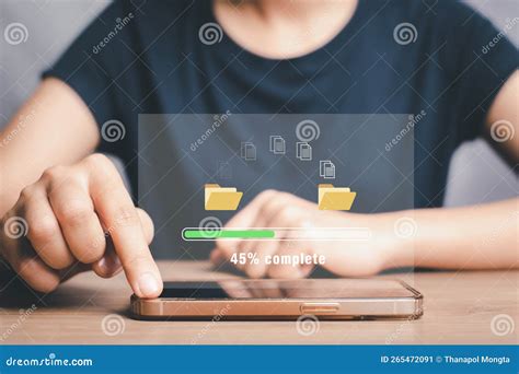 Transfer Files Data System Relocation Concept Person Hand Using Smart Phone To Waiting For