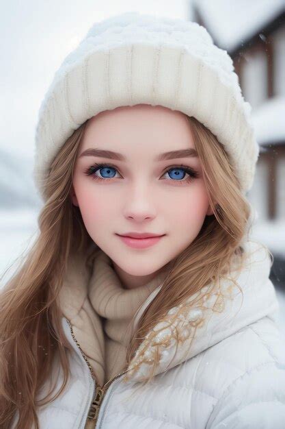 Premium Photo A Girl With Blue Eyes In A White Coat And A Hat