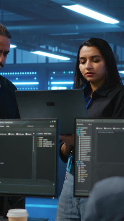 Vertical Multiethnic Engineering Team In Server Hub Monitoring Data Center Energy Consumption