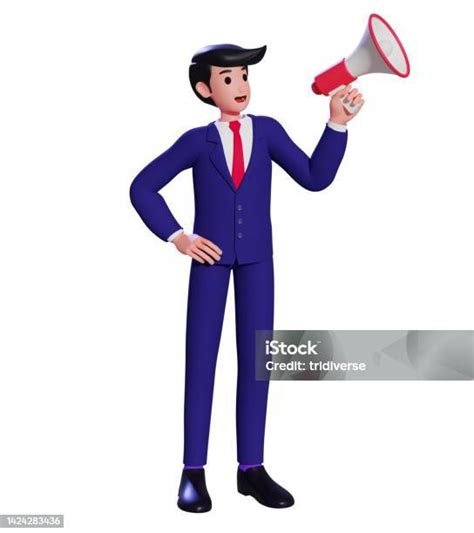 사업가가 서서 연설자를 들고 양복을 입은 남자가 메가폰을 사용하여 공개적으로 들으려고 말합니다 관심과 발표 또는 홍보 개념 3d 일러스트레이션 3차원 형태에 대한 스톡 사진