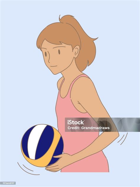배구를 들고 있는 젊은 여자 비치 발리볼을 하는 스포츠 수영복을 입은 배구 선수 손으로 그린 평면 만화 캐릭터 벡터 일러스트 건강한 생활방식에 대한 스톡 벡터 아트 및 기타