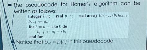 solved the pseudocode for horner s algorithm can be written