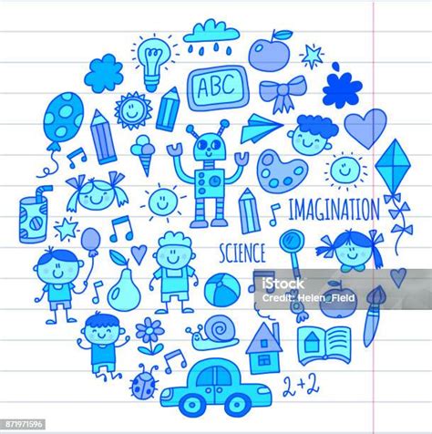 학교 유치원입니다 행복 한 아이 들 창의력 상상력 낙서 아이콘 아이 들과 함께입니다 재생 하 고 연구 하 고 행복 한 학생 과학 성장 하 고 모험 탐험 연구 2 3 살에