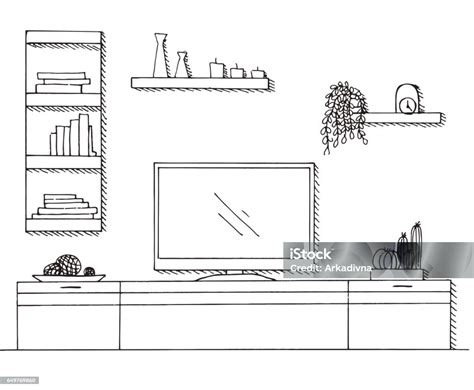 손 그려진된 밑그림입니다 인테리어의 선형 밑그림입니다 책장 옷장 Tv와 선반 벡터 일러스트 레이 션 3차원 형태에 대한 스톡 벡터 아트 및 기타 이미지 Istock