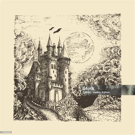 유령의 성 조각 스타일의 그림 벡터에 고딕 양식의 자물쇠가 있는 손으로 그린 풍경 스케치 성 건축물에 대한 스톡 벡터 아트 및 기타 이미지 Istock