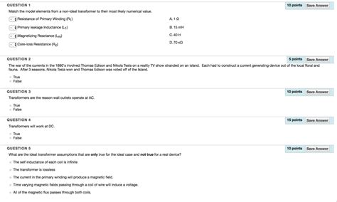 Solved Match The Model Elements From A Non Ideal Transformer