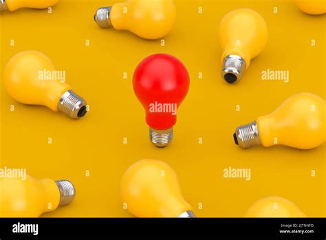 Idea Concept One Red Light Bulb In Heap Of Yellow Light Bulb On A Yellow Background 3d