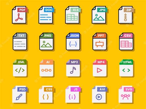 문서 파일 형식 폴더 Pdf Doc Xls  Zip Txt Png Json Ppt Csv Xml Ai Mp3 Mp4 Html Psd Css Js 프리미엄 벡터
