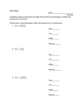 PreCalculus Asymptotes Test By Elizabeth Alexander TPT