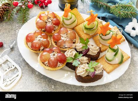 Creative Appetizers Set Christmas Christmas Trees Of Ham Cucumber Cheese And Star Of Carrot