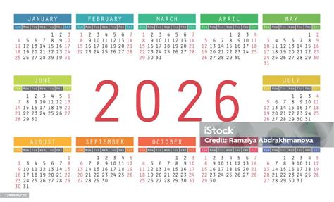 캘린더 2026 년 영어 다채로운 벡터 수평 벽 또는 포켓 캘린더 디자인 템플릿 새해 일요일부터 시작되는 주 0명에 대한 스톡 벡터 아트 및 기타 이미지 Istock