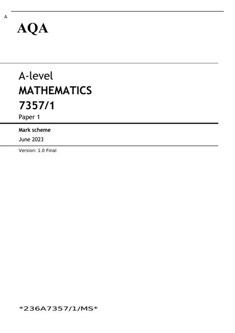 AQA A Level MATHEMATICS PAPER JUNE MARK SCHEME A Level MATHEMATICS Stuvia US