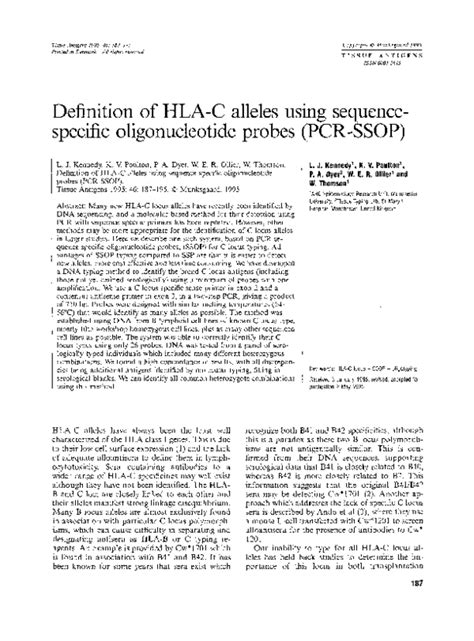 Pdf Definition Of Hla C Alleles Using Sequence Specific Oligonucleotide Probes Pcr Ssop