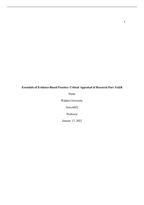 Nurs 6052 Module 4 Evidence Based Practice Part 3 Critical Appraisal Of Research Nurs 6052