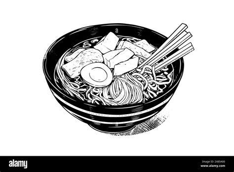 Ramen Noodle Japanese Food Vector Engraving Style Illustration Ink