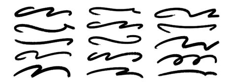 웨이브 페인트 라인 세트 구불구불한 스케치 브러시 획 모음 거친 숯 곡선이 하이라이트 밑줄 강조를 위해 번성합니다 벡터 손으로 그린 크레용 분필 스트립입니다 블랙 스우시