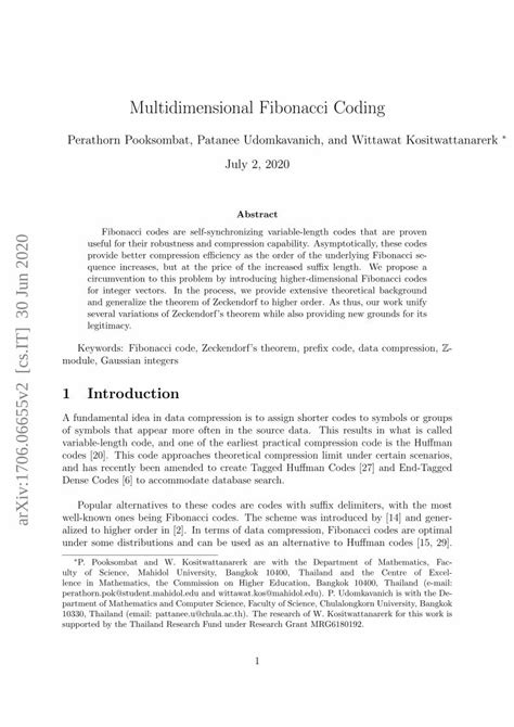Pdf Multidimensional Fibonacci Coding Arxiv · Keywords Fibonacci