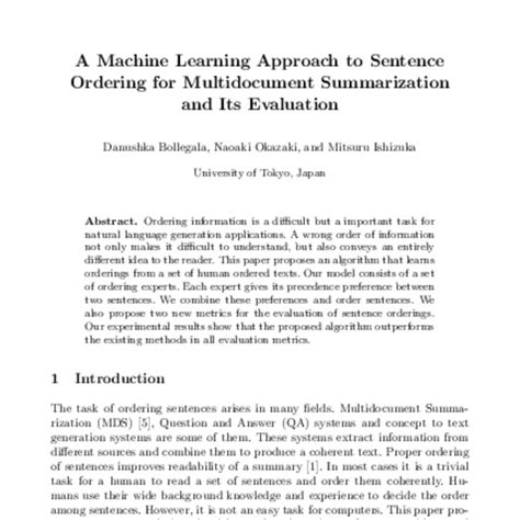 A Machine Learning Approach To Sentence Ordering For Multidocument