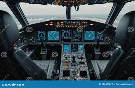Cockpit Of Airplane Inside View Aircraft Flight Deck At Airport
