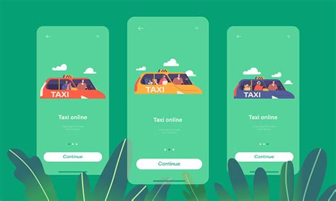 택시 온라인 모바일 앱 페이지 온보드 화면 템플릿입니다 캐릭터는 택시 서비스를 사용합니다 고객 또는 클라이언트 및 드라이버 거리가 먼에 대한 스톡 벡터 아트 및 기타 이미지