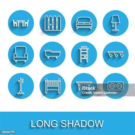 세트 라인 코트 스탠드 아기 침대 요람 침대 의자가있는 나무 테이블 전기 콘센트 욕조 Led 트랙 조명 램프 및 수건 아이콘욕실 선반 벡터 0명에 대한 스톡 벡터 아트 및