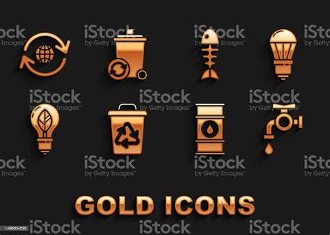 재활용 기호 Led 전구 수도꼭지 오일 배럴 라인 라이트 리프 물고기 해골 행성 지구 및 재활용 및 아이콘으로 휴지통을 설정합니다 벡터 Led 조명에 대한 스톡 벡터 아트