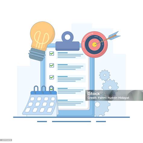 프로젝트 관리의 추상적 개념 달력과 아이디어 전구가 있는 클립보드 프로젝트 관리 자원 계획 및 예산 배경에 평면 디자인 그림입니다 Teamwork Makes The