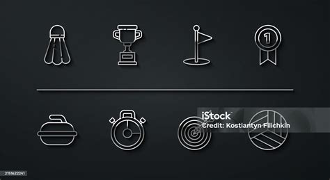 세트 라인 배드민턴 셔틀콕 컬링 스포츠 게임 메달 화살표 스톱워치 어워드 컵 배구 공 및 골프 깃발 아이콘에 대한 돌 벡터 검은