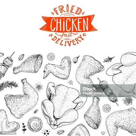 구운 닭고기와 튀김 손으로 그린 스케치 그림입니다 구운 닭고기 고기 상단 보기 프레임 벡터 그림입니다 새겨진 디자인 레스토랑 메뉴 디자인 템플릿입니다 허벅지 사람 다리에