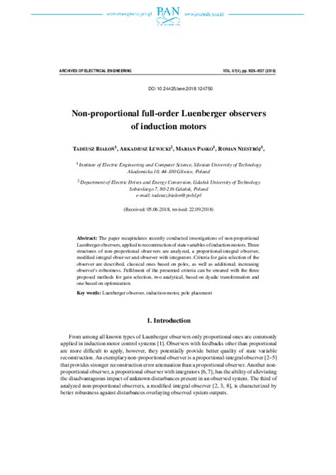 Pdf Non Proportional Full Order Luenberger Observers Of Induction Motors