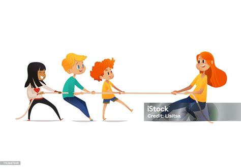 어린이와 성인 사이의 전쟁 경쟁의 줄다리기 웃 고 있는 여러 종족의 아이 들과 밧줄의 반대쪽 끝을 당기는 빨간 머리 여자 귀여운 만화 캐릭터 흰색 배경에 고립입니다 벡터