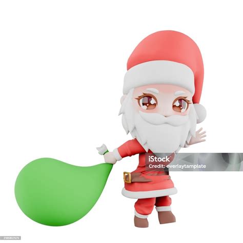 치비 크리스마스 산타 소년 만화 모델 꼬마 산타 소년이 오른손으로 선물 가방을 당기고 왼손으로 흔들면서 걷고 있습니다 축제 3d 일러스트 레이 션 걷기에 대한 스톡 사진 및