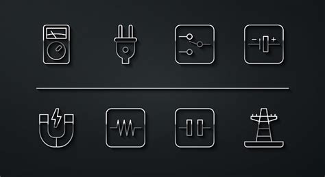 라인 암페어 미터 멀티 미터 자석 Dc 전압 소스 전해 콘덴서 전자 회로의 저항기 전기 플러그 타워 라인 및 스위치 아이콘을