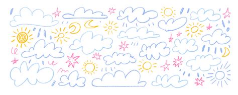 다양한 파스텔 색상의 크레용 구름 태양 달 별 구불구불한 곡선을 어린이 스타일로 표현했습니다 구름에 대한 스톡 벡터 아트 및 기타 이미지 Istock