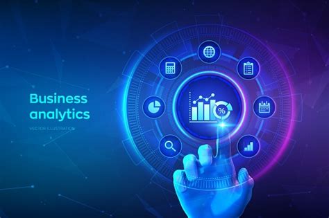 가상 화면의 비즈니스 데이터 분석 및 로봇 프로세스 자동화 개념 회사 Bi 또는 Kpi 개념의 이익 및 수익 손을 만지는 디지털 인터페이스 벡터 그림입니다 그래프에 대한