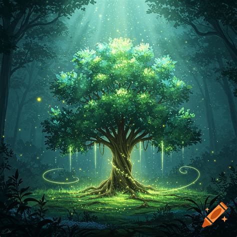 A Luminous Magical Tree With Glowing Roots And Sparkling Lights In A Mystical Dark Forest In A