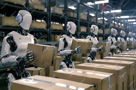 Robots Working In A Warehouse Futuristic Warehouse Automation Industrial Automation Premium Ai