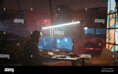 Hacker Running Phishing Software On Computer In Criminals Den With