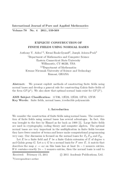 Pdf Explicit Construction Of Finite Fields Using Normal Bases