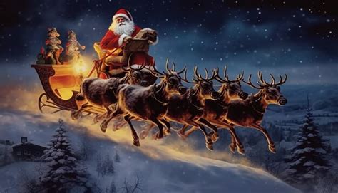 Premium Photo The Santa Clause Riding A Sleigh Pulled By Reindeers