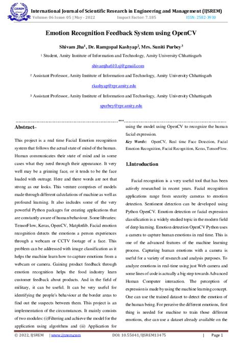 Pdf Emotion Recognition Feedback System Using Opencv