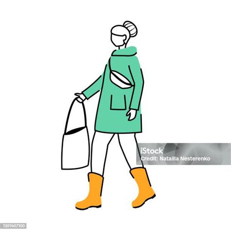 비옷 플랫 윤곽 벡터 일러스트를 입은 여성 젖은 날씨 흰색 배경에 손으로 고립 된 만화 윤곽 문자에 가방을 가진 여성 걷는 여자 에 검 부츠 간단한 그리기 걷기에 대한 스톡