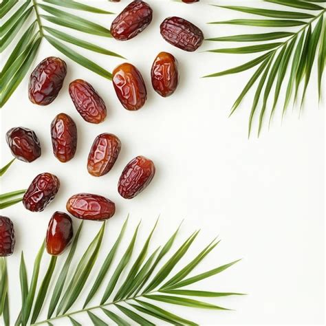 Dates And Palm Leaves On A White Background Premium Ai Generated Image