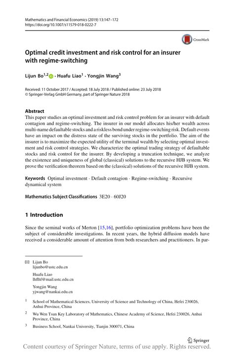 Optimal Credit Investment And Risk Control For An Insurer With Regime Switching Request Pdf