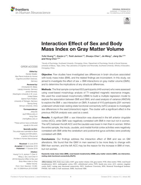 Pdf Interaction Effect Of Sex And Body Mass Index On Gray Matter Volume